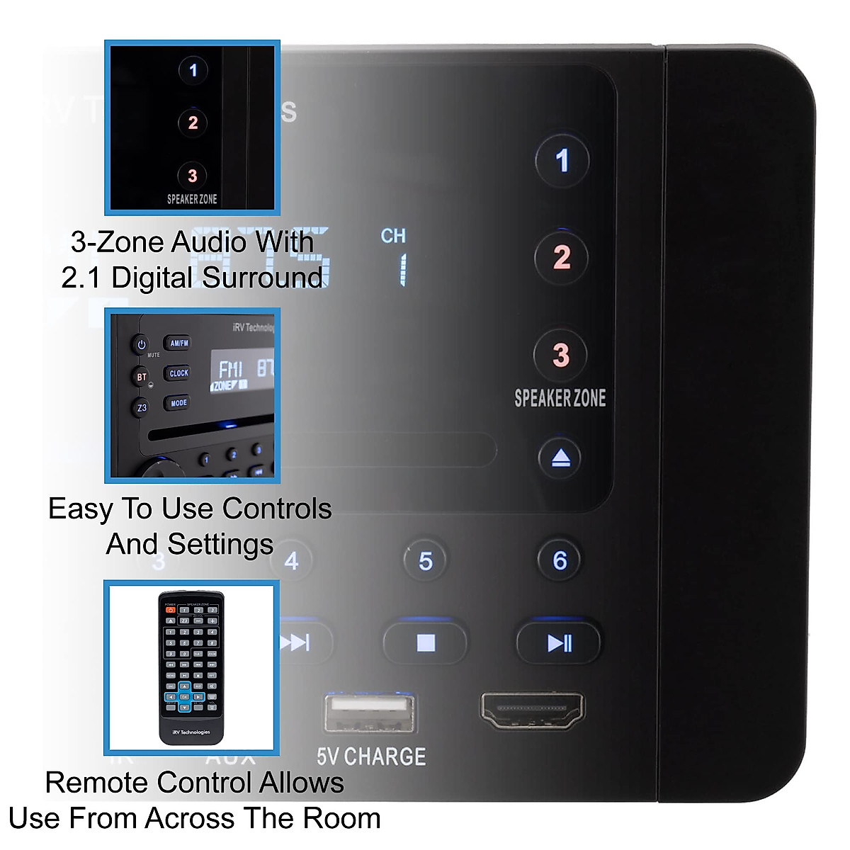 Car Stereo with Bluetooth,IRV Technology iRV63 Independent Zone 3 Wireless RV Radio,Supports HDMI ARC,APP,Digital Surround Sound,A&FM,DVD,MP4,CEC,NFC,Clock,3 Zones Wall Mount Car Audio Receiver