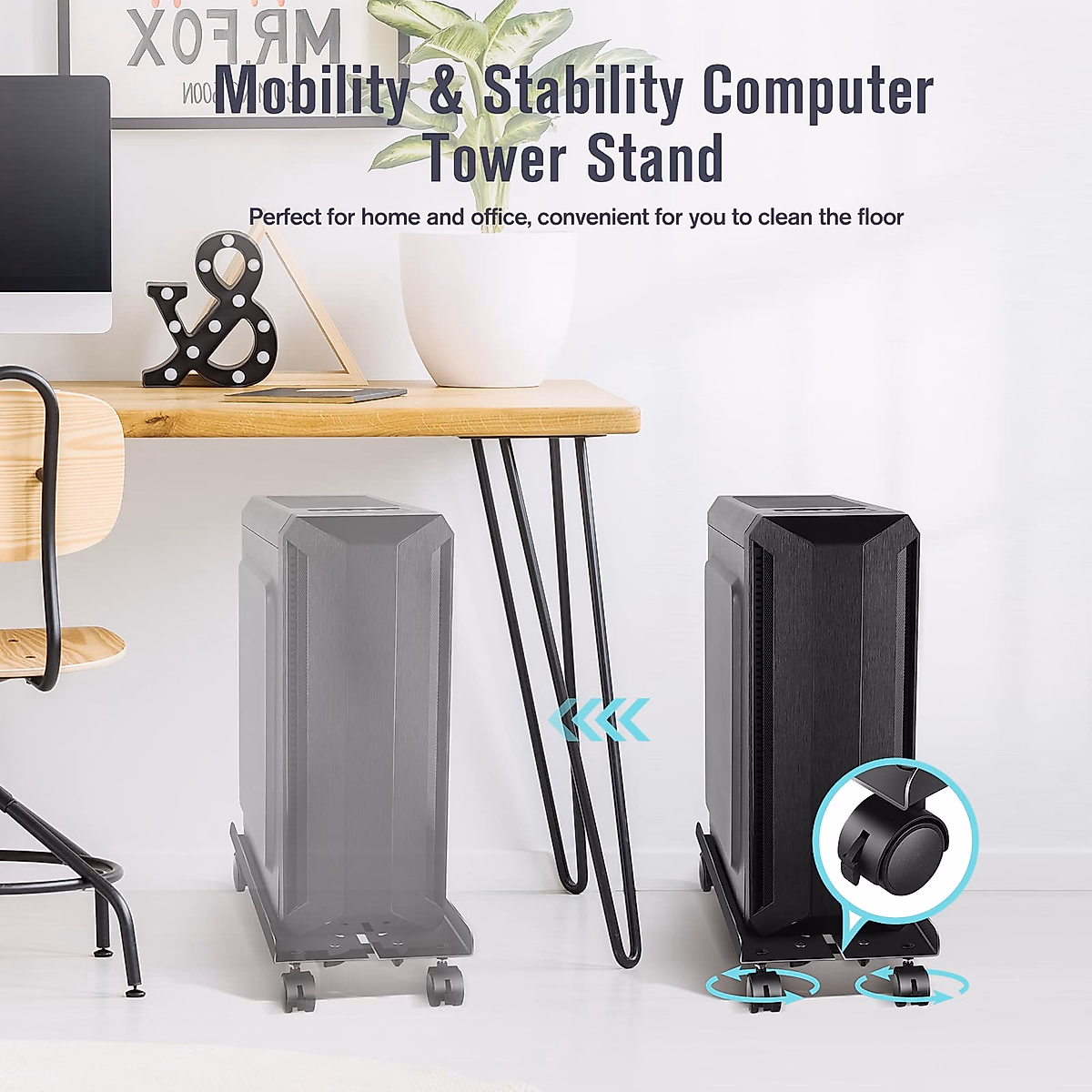 Metal Computer Tower Stand, Heavy Duty Mobile CPU Stand, CPU Holder Cart Under Desk, Width Adjustable Desktop Stand with Rolling Caster Wheels, PC Tower Stand Holder Fits Most Gaming PC Case - Black