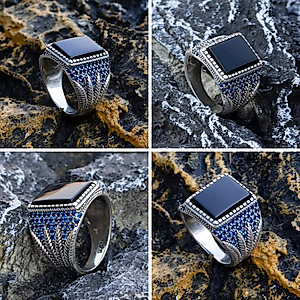 AROTOROM 925 Sterling Silver Ring with Solid Polished Rectangle Black Onyx Ring,Black Square Stone Turkish Ottoman Signet Rings, Sterling Silver Stone, Agate
