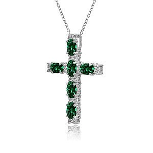 B. BRILLIANT Sterling Silver Simulated Emerald Oval-Cut Large Cross Necklace for Women