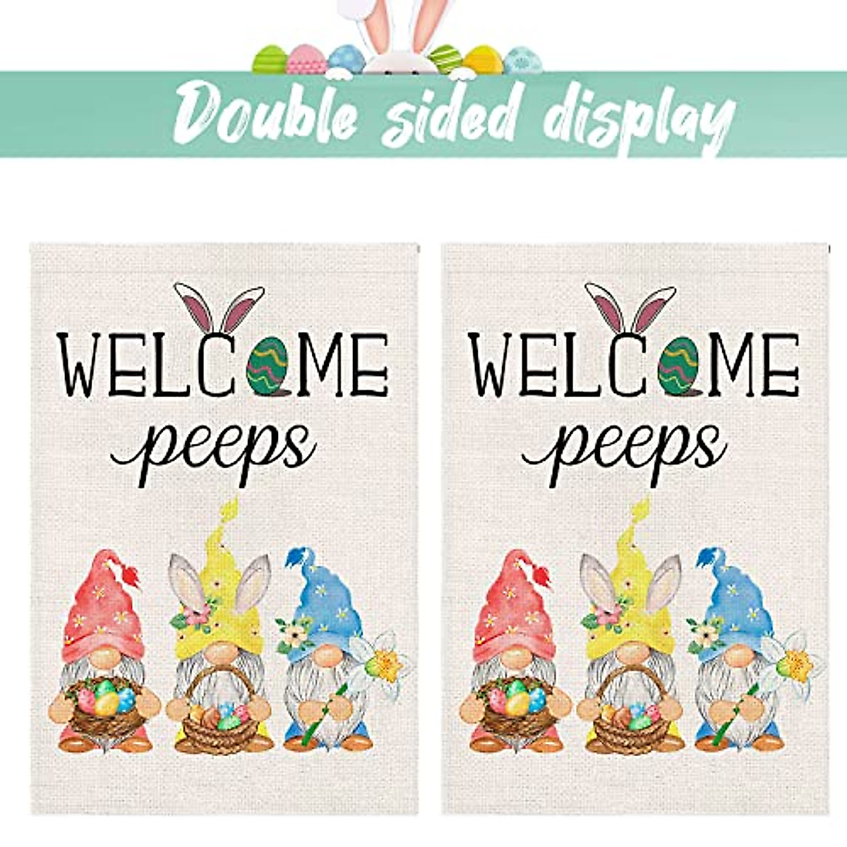 Easter Garden Flags 12x18 Double Sided - Spring Gnome Welcome Yard Flag Burlap Bunny Easter Outdoor Decorations Welcome Peeps