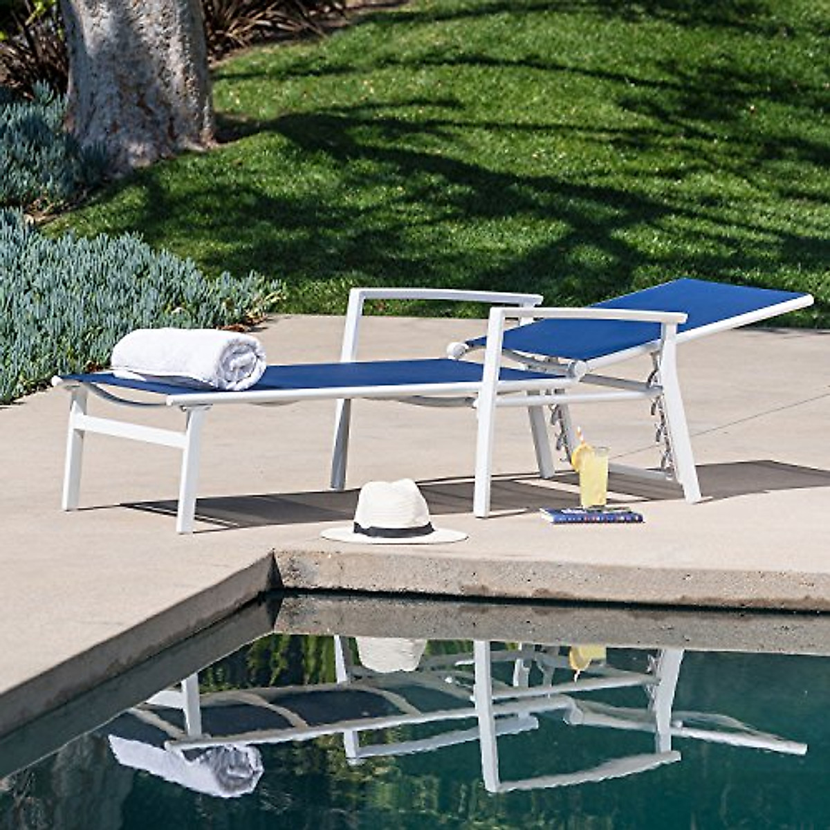 Hanover Blue Naples Outdoor Folding Chaise Adjustable Backrest | Patio and Poolside Lounging Chair | UV and Weather-Resistant Sling Fabric | NAPLESCHS-W-NVY, 1 Piece, White/Navy