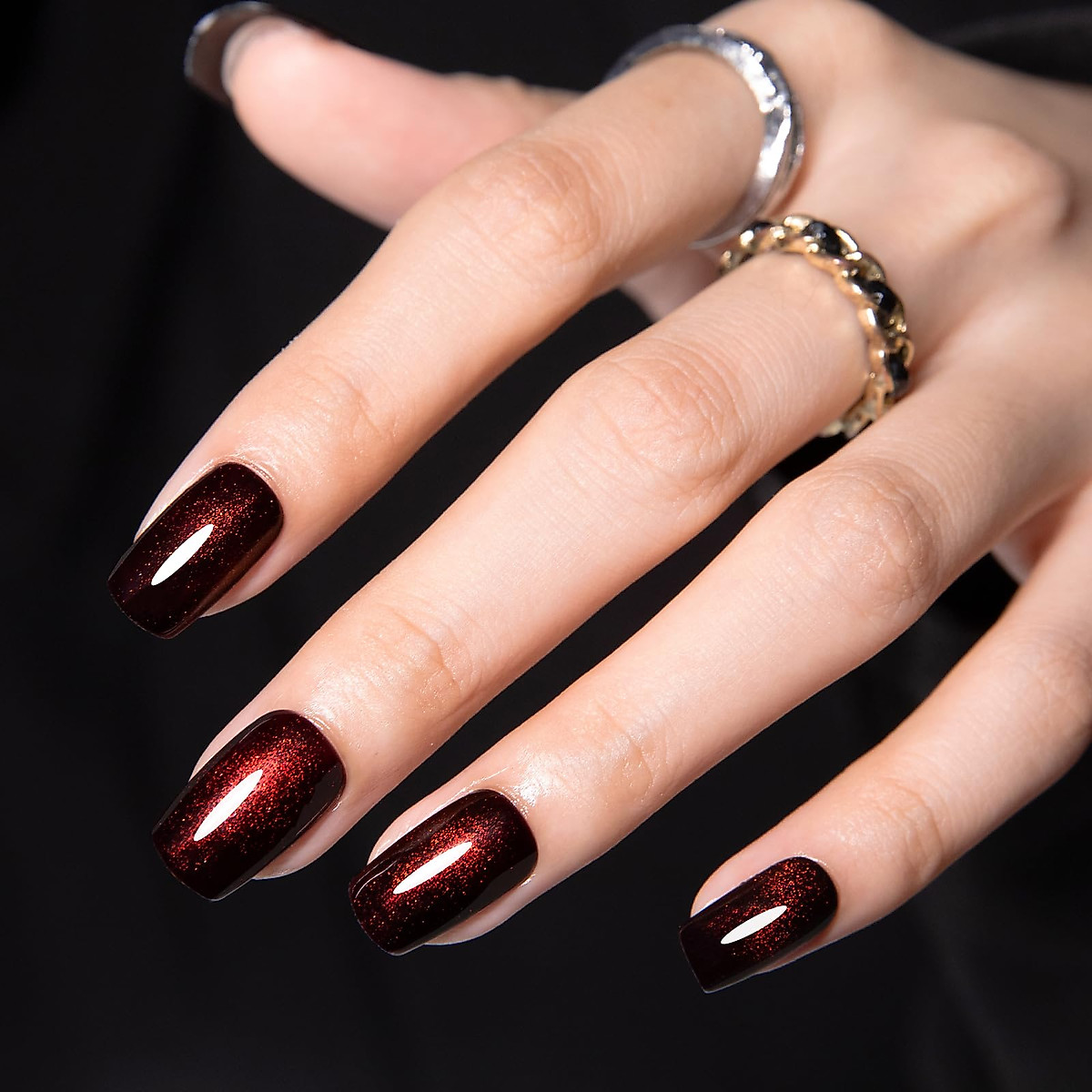 Burgundy Press On Nails Short, SHOWMORE Wine Red Glitter Cat Eyes Acrylic Fake Nails Medium Square Glue On Nails False Nails with Design Stick On Nails in 12 Sizes 24 Nail Kit with Glue (Handmade)