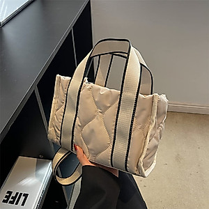 AZURAOKEY Puffer Tote Bag for Women, Fashion Crossbody Bags Cotton Padded Shoulder Crossbody Bag Quilted Hit Color Portable Zipper Autumn Winter Purse for Office Travel-Beige