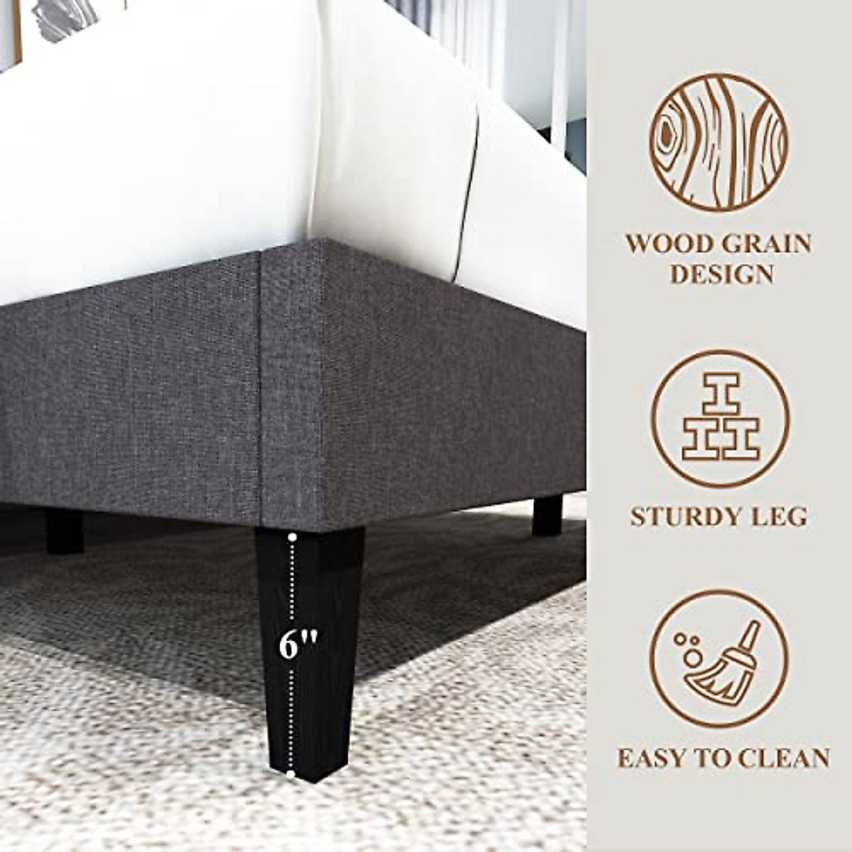 Benevika King Size Upholstered Platform Bed Frame with Linen Fabric Simple Style Headboard and Wooden Slats Support, Upholstered Mattress Foundation, No Box Spring Needed, Easy Assembly, Grey