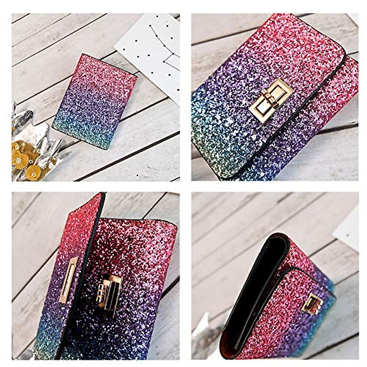 Bestmaple Multicolor Metal Sequins Small Wallet PU Leather Patchwork Hasp Mini Wallet for Women Girls Money Wallet Card Coins Bag(Heart button)