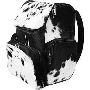 LP-FACON Cowhide Hair Western Leather Cow Skin Print Fur Leather Diaper Backpack Rucksack / Knapsack Travel Shoulder Bag Black & White