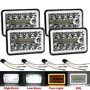 AMUNIESUN 4 PCS DOT Approved 4x6 Inch Halo Headlights Replacement H4651 H4652 H4656 H4666 H6545 Compatible With Peterbilt Kenworth Freightinger Ford Probe