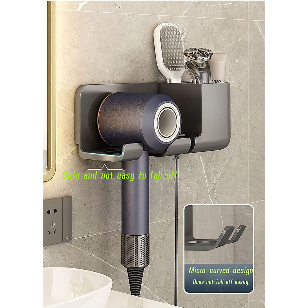 Hair Dryer Holder Self Adhesive Hair Tool Organizer Blow Dryer Holder Wall Mount Hair Care Tools Organizer Bathroom Space Saver (Black)