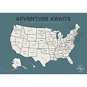 Epic Adventure Maps The United States Push Pin Map 24" x 17" - Unframed Travel Map to Mark Your Travels Around The USA - Multicolored Pushpins Included