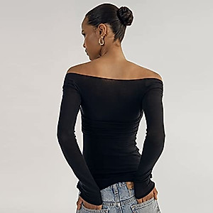 Women's Sexy Crop Top Long Sleeve Off Shoulder Going Out Tops Slim Fit Mesh Ruched Twisted Blouse Y2K T Shirt