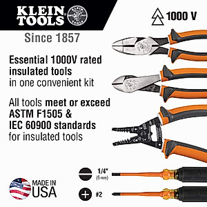 Klein Tools 94130 1000V Insulated Screwdriver Tool Set with #2 Phillips and 1/4-Inch Cabinet Slim Tips, 2 Pliers and Wire Stripper