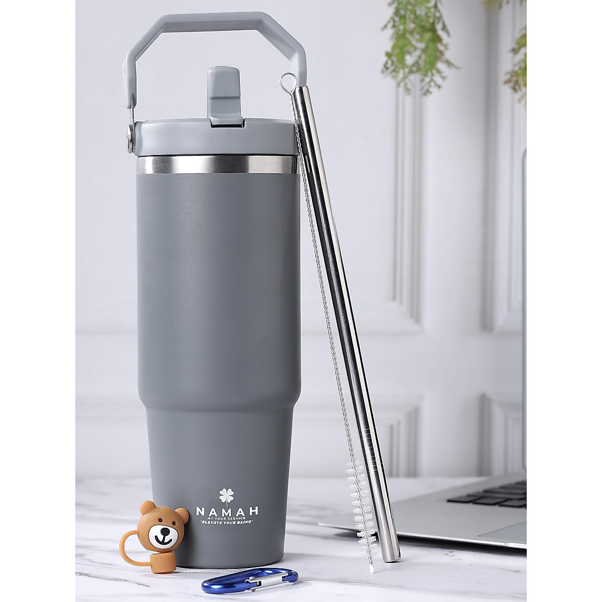 NAMAH-AtYourService 30oz/890ml Stainless Steel Tumbler Handle - Vacuum Insulated leakproof extra Cloud LID Stainless Steel Straw Straw Cap cleaning brush & Carabiner Hook (Stormy Slate Gray), Large