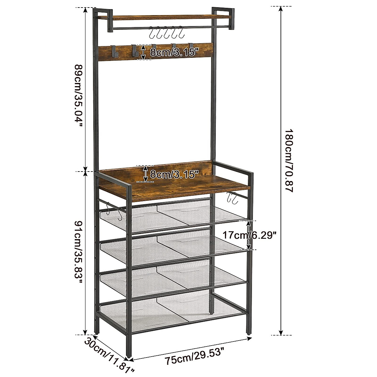 IBUYKE Coat Rack Shoe Rack, 4 in 1 Multi-Function Hall Tree with Slant Adjustable Shoe Storage, 5-Tier Storage Shelf and 9 Hooks Removable, Industrial Accent Furniture for Entryway, UTXJ008H