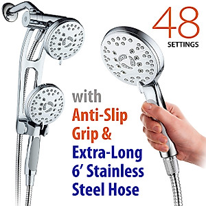 AquaSpa High Pressure 48-mode Luxury 3-way Combo with Adjustable Extension Arm – Dual Rain & Handheld Shower Head – Extra Long 6 Foot Stainless Steel Hose – All Chrome Finish – Top US Brand