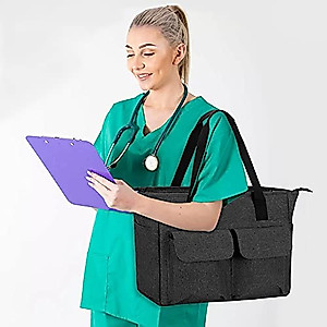 CURMIO Home Health Nurse Tote Bag, Medical Supplies Bag for Work with Padded Laptop Sleeve and Multiple Pockets for Nursing Students, Doctors, Black