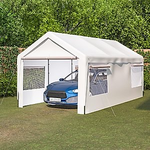 10x20 FT Outdoor Carport Portable Garage Heavy Duty Canopy Storage Shelter Shed All-Season Tarp with Removable Sidewalls & Doors for Car, Truck, Boat, Party, Camping (White)