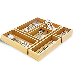 Bamboo Drawer Organizer Box Set of 5 Wooden Drawer Organizers for Kitchen, Bathroom, Office, Desk, Vanity, Makeup-Non-Slip Junk Drawer Organizer Trays for Storage & Organization by Zen Smart