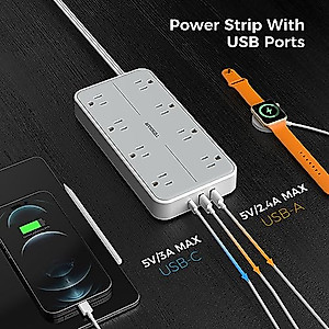 Power Strip Surge Protector, TESSAN Flat Plug Extension Cord with 8 Outlets 3 USB Charger(1 USB C), 1080 Joules Protection, Wall Mountable Charging Station for Home Office School Dorm Room Essentials
