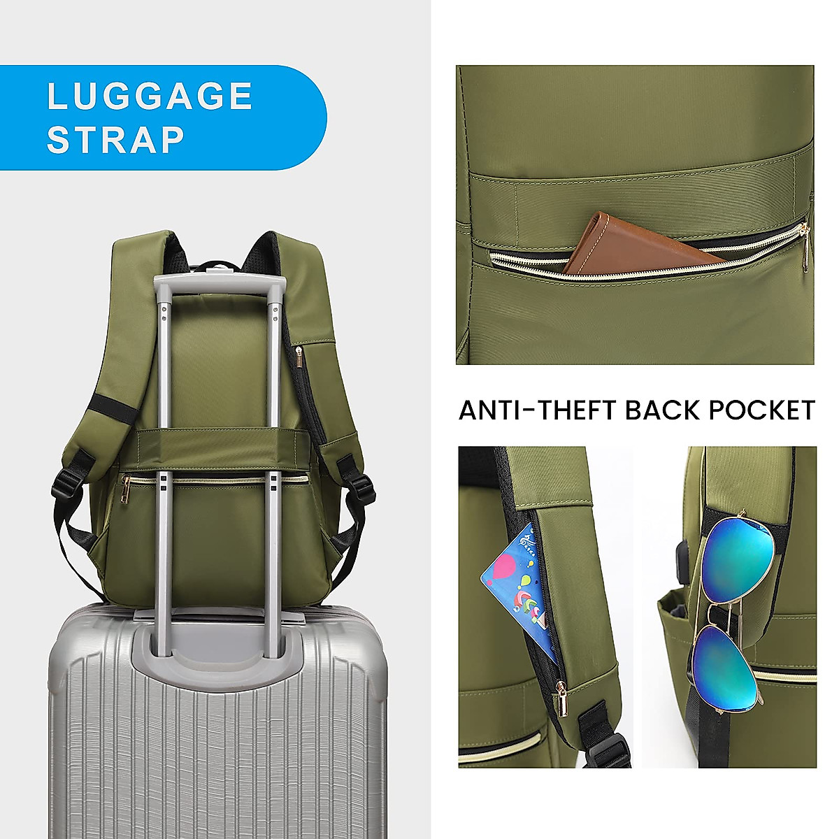 Modoker 15.6 Inch Laptop Backpack for Women, Quilted Work Backpack for Women Bookbag Teacher Backpack, Travel Backpack with USB Charging Port, Backpack Purse for Women Nurse, Green