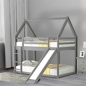 LostCat Twin Over Twin Bunk Bed with Slide,House Shaped Wooden Bunkbeds w/Safety Guardrail and Ladder,No Box Spring Needed,Suitable for Girls Boys,Grey