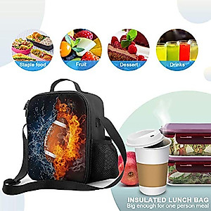 Insulated Durable Lunch Box with Shoulder Strap, Teen Boys/Adult Ice Fire Football Small Lunch Bag, Lunch Tote Box Bag for Office/Picnic/Beach