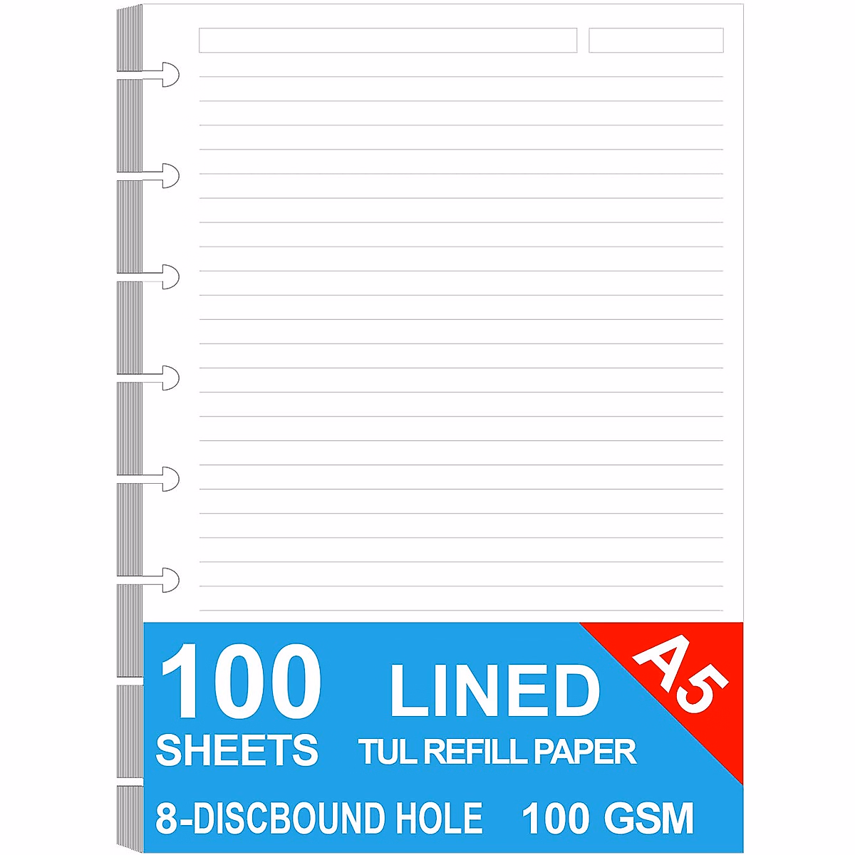 Junior Size Discbound Refill Paper - 8 Discs Discbound Paper, Lined Arc Paper Refill, 100gsm, Disc Paper Refill White Paper, 100 Sheets/200 Pages, 5.8 X 8.25 in