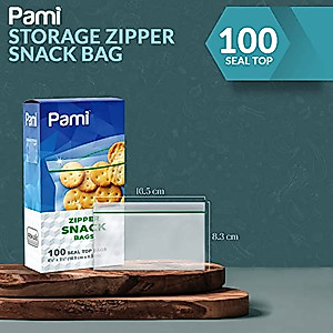 PAMI Zipper Snack Bag [100 Pieces] - Freshness-Lock Small Food Storage Bags With - Food-Safe Zip Plastic Bags For Pretzels, Cookies, Nuts, Fruits - Resealable Snack Baggies For School & Work