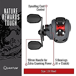 Quantum Invade Baitcast Fishing Reel, Size 100 Reel, Right-Hand Retrieve, Oversized Handle Knobs, Zero-Friction Pinion, Lightweight Graphite Frame, Dark Gray