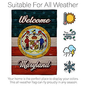 Welcome Maryland Garden Flag - Set Wood Dowel Americana States USA American Territories Republic Country Particular Area - House Decoration Banner Small Yard Gift Double-Sided Made in 13 X 18.5