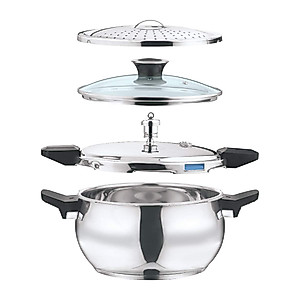 Vinod 18/8 Stainless Steel Outer Lid Magic Pressure Cooker - 3.5 L with Pressure Cooker Lid, Straining Lid and Glass lid (Induction and Gas Stove Friendly), Silver