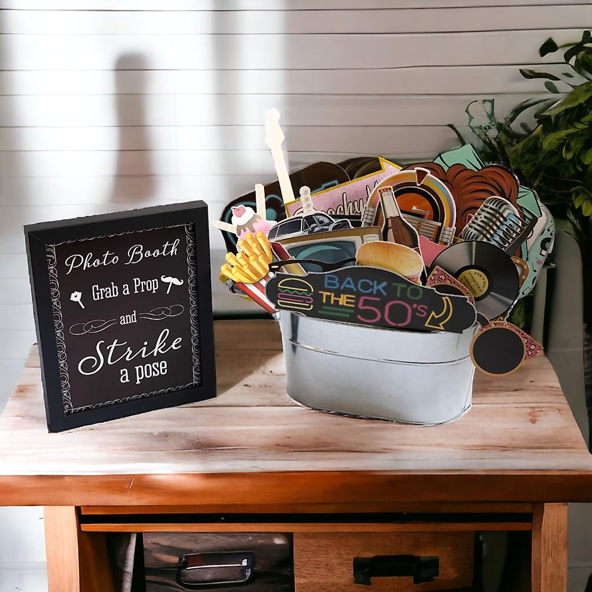 50s Photo Booth Props - 41-pc Photo Booth Kit with 8 x 10-Inch Sign, 60 Adhesive Pads, 45 Sticks - Sock Hop Party Decorations - Fifties Theme Photo Booth Props
