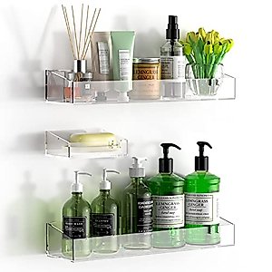 BSSOYAMM Acrylic Shower Caddy Shelves With Soap Dish, 3 Pack Self Adhesive Clear Shower Floating Shelf, Bathroom Storage Organizer Wall Mounted for Home.