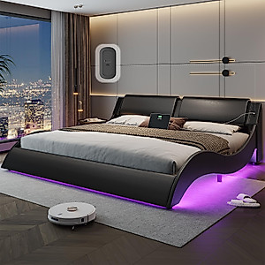 DICTAC California King Bed Frame with Headboard and Led Lights Modern Cali King Led Bed Frame with USB & Type-c Ports Faux Leather Wave Like Curve Low Profile Platform Bed,No Box Spring Needed,Black