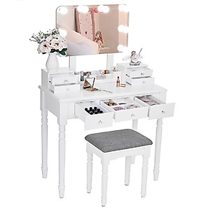 ANWBROAD Makeup Vanity Desk Vanity Set with Lighted Mirror Makeup Vanity Desk Table Set Large 8 LED Bulbs Frameless Mirror 3 Colors Modes Dimming 7 Drawers Cushioned Stool 3 Dividers White UBDT03W