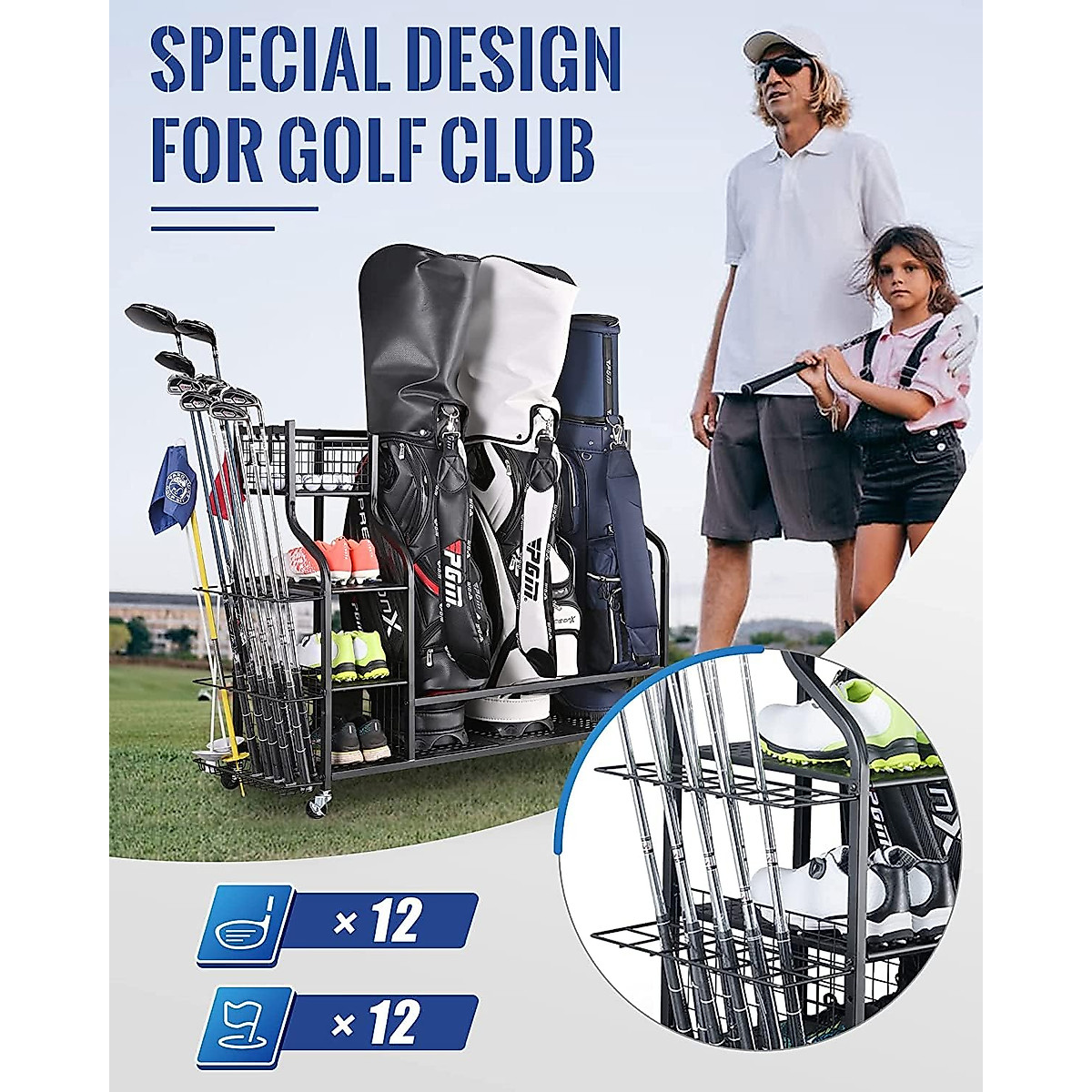 Mythinglogic 3 Golf Bags Storage Organizer-Extra Large Size Fits 3 Full Size Golf Bags,Golf Organizer for Golf Equipment and Accessories, Golf Club Storage Rack with Lockable Wheels