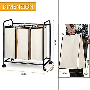 3-Bag Laundry Hamper Sorter Black 3 Section Rolling Dirty Clothing Organizer Cart, Triple Laundry Basket with Heavy Duty Lockable Wheels and Three Removable Laundry Bags, for Bathroom Living Room