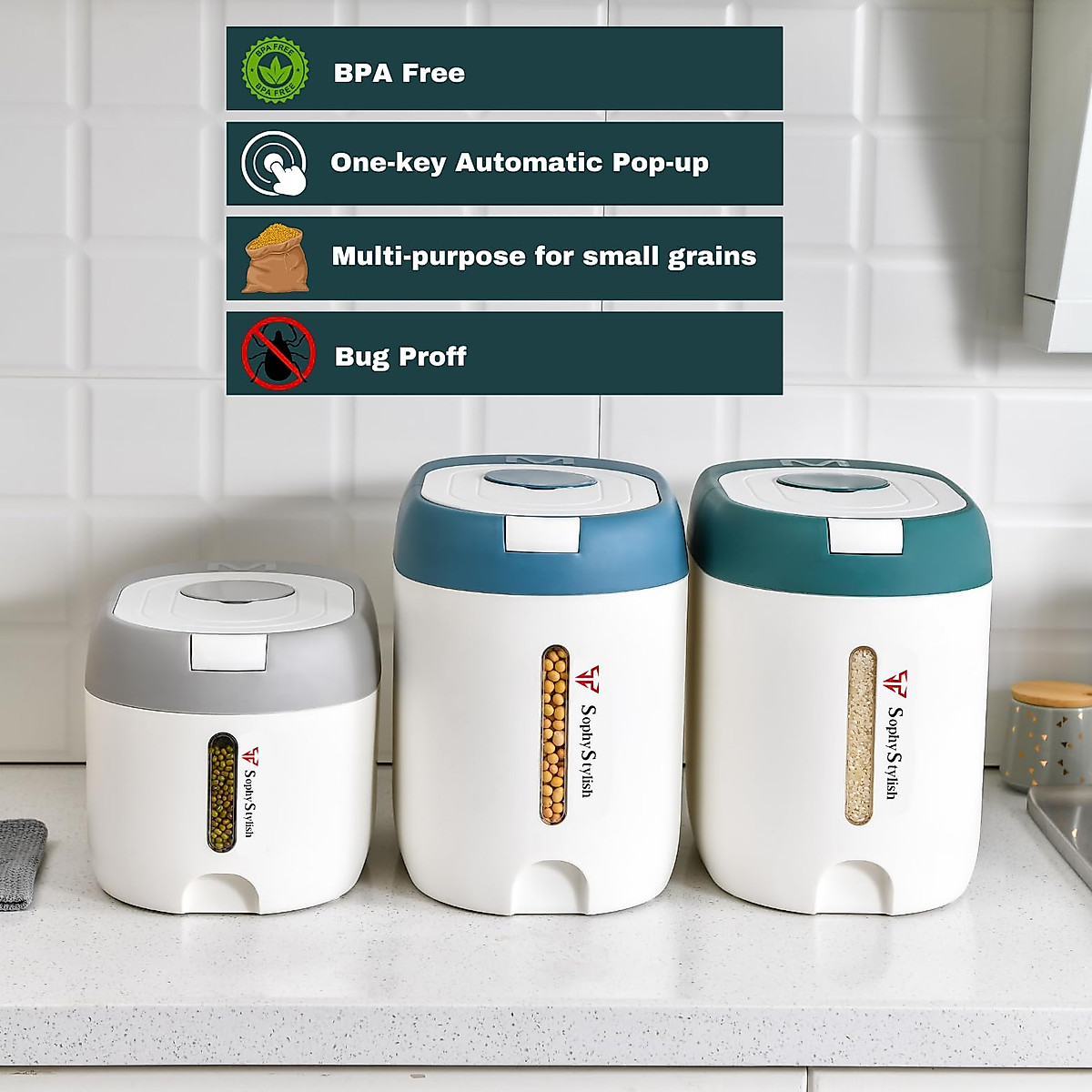 Kitchen Airtight Food Storage Container with Lid for Rice, Cereal, Flour, Sugar, Grains and Dog Food Storage - 22 lbs, Green