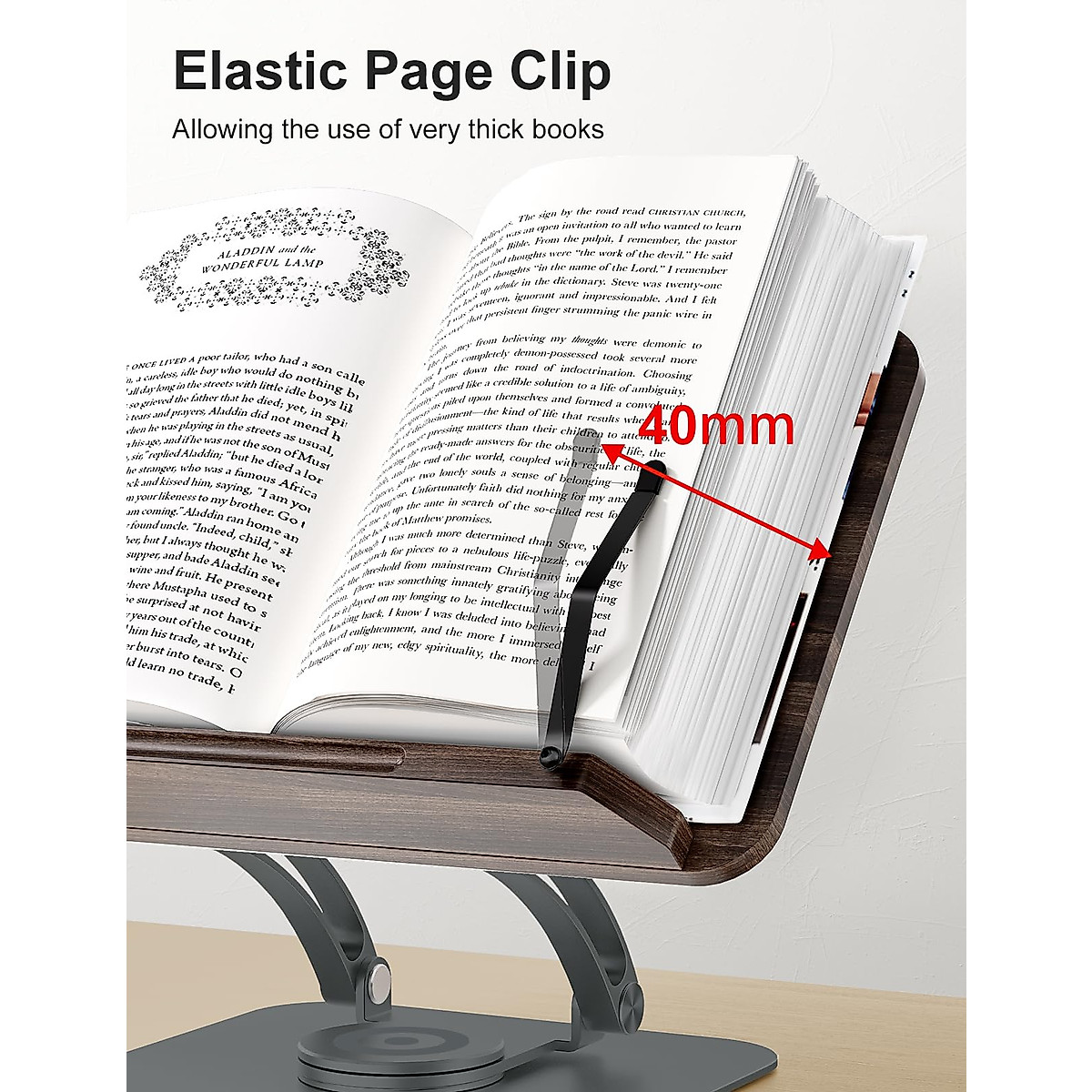 Tounee Book Stand for Reading, Adjustable Book Holder with 360° Swivel Base, Foldable Cookbook Stand Recipe Book Holder with Elastic Page Clips for Music Scores, Recipe, Tablet, Laptop-Gray