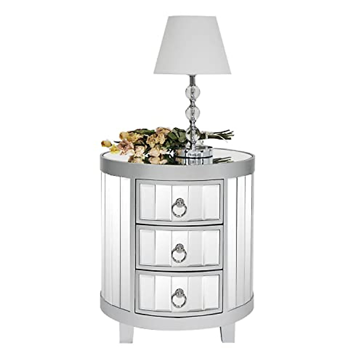 FFNUM Bedside Table Round Bedside Table 3 Drawer Mirror Bedroom Living Room Storage Cabinet Side Cabinet Furniture Mirror Cabinet Night Stand