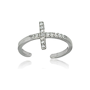 Hoops & Loops 925 Sterling Silver Cubic Zirconia Sideways Cross Open Toe Ring for Women Teen Girls Men, Silver