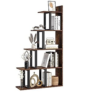 finetones 5-Tier L-Shape Corner Bookshelf, Vintage Freestanding Wood Look Industrial Ladder Bookcase, Display Rack Storage Shelf for Living Room Bedroom Office, Rustic Brown