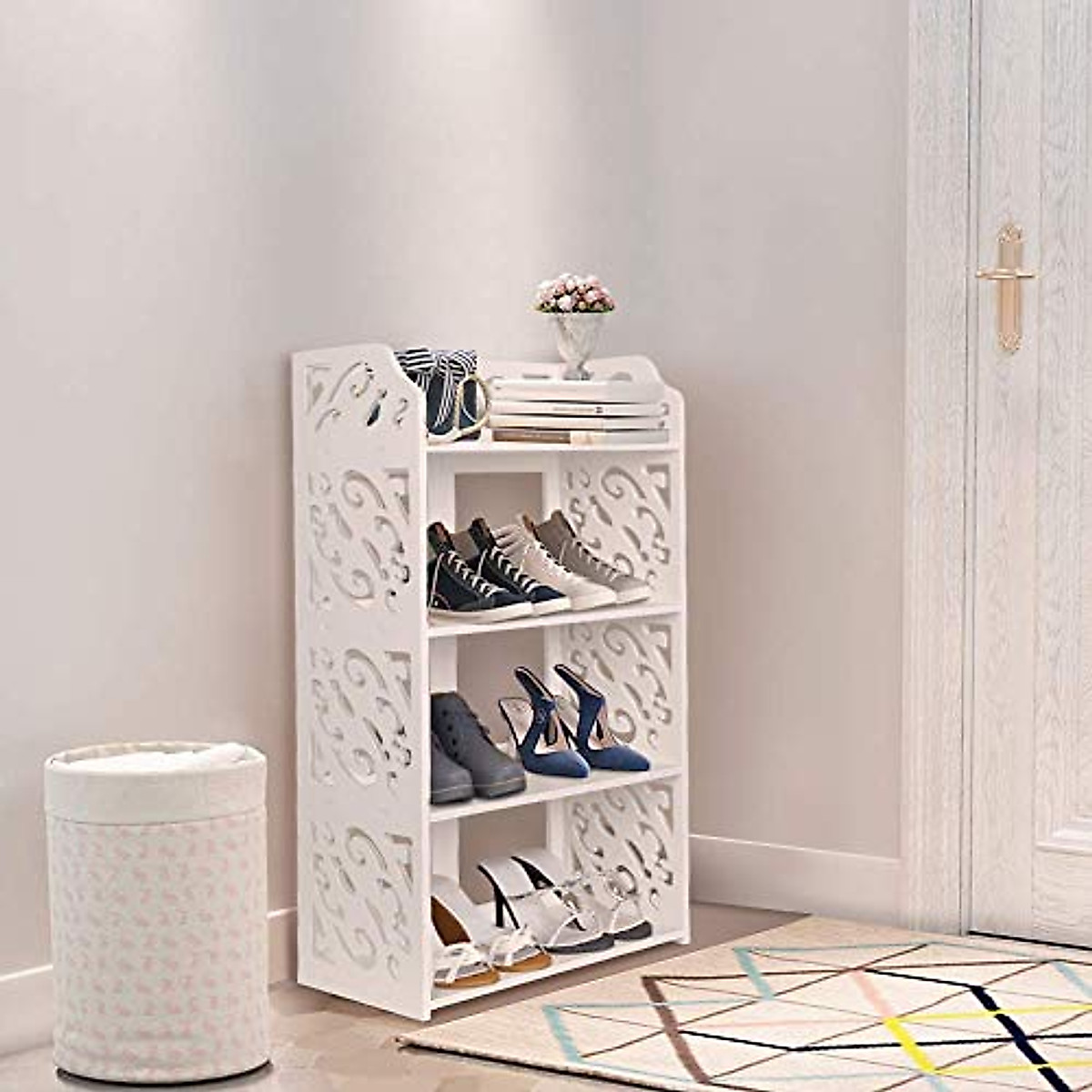 Small Shoe Rack for Entryway, 4 Tier Modern White Shoe Storage Shelf Wood Narrow Shoe Stand Organizer for Home Living Room Bedroom Hallway Closet