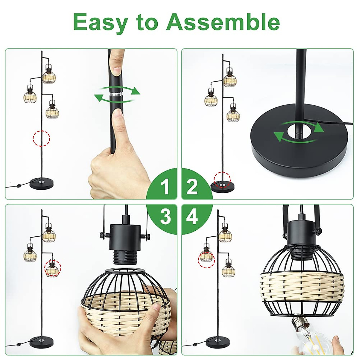 DLLT Industrial Floor Lamp, 3-Light Farmhouse Tree Standing Lamps with Metal Rattan Cage Shape, Tall Pole Reading Lighting for Corner Living Room Bedroom Office, 3000K 8W E26 Bulbs Included, UL Listed