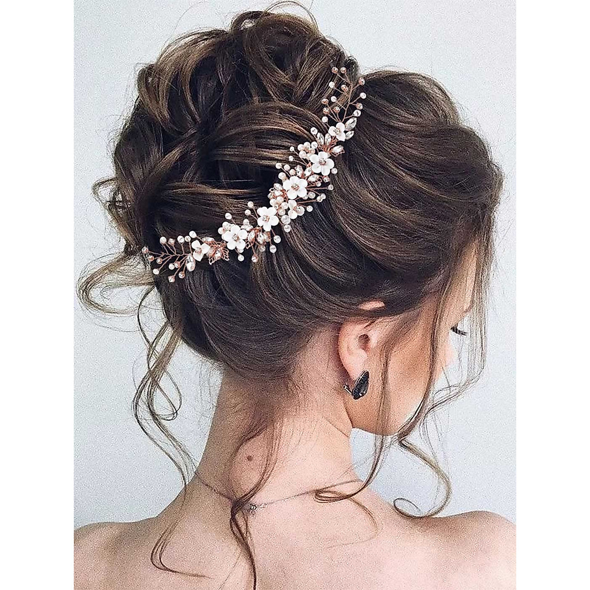 GORAIS Flower Bride Wedding Hair Vine Crystal Bridal Headpieces Pearl Hair Accessories for Women and Girls (C-Rose gold)