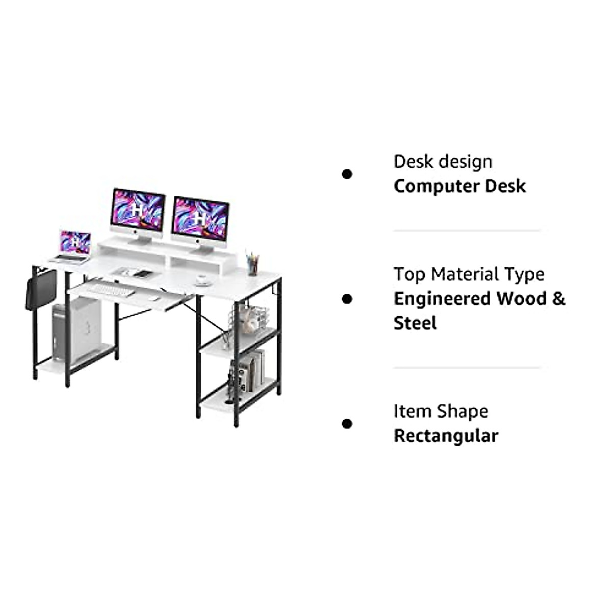 White Desk with Keyboard Tray, 55 INCH Desk with Storage Shelves Modern Computer Desks for Home Office Study Desk with Monitor Shelf Industrial PC Desk Studio Desk with Iron Hooks, Easy to Assemble