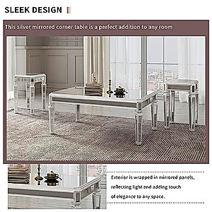 3-Piece Coffee table and End Tables Set,Glass Mirrored Coffee Table with Adjustable Height Legs and Crystal Design,Fashionable Cocktail Table,Easy Assembly Rectangular Glass Coffee Table,Silver