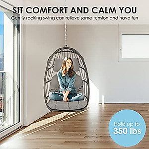 Brafab Wicker Rattan Hammock Egg Swing Chair with Hanging Chain, Aluminum Frame and UV Resistant Cushion, Indoor Outdoor Bedroom Patio Porch Foldable Camping Chair (Without Stand)