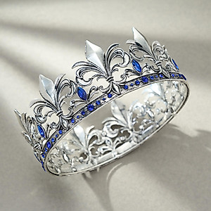 SWEETV Antique Silver King Crown for Men/Women (Unisex), Men's Tiara Prince Diadem, Crystal Medieval Headwear, Royal Costume Hair Accessories for Cosplay Birthday Wedding Halloween, Blue