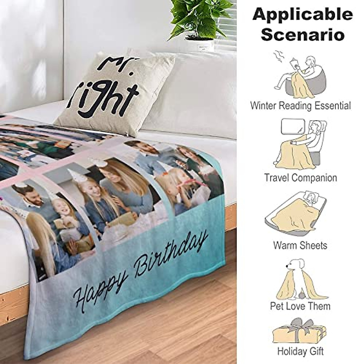 D-Story Custom Blanket with Photos, Personalized Happy Birthday Blankets with Family Pictures Text, Birthday Gifts for Mom, Dad, Adults, Kids, Friends,Aunts Sisters, Made in USA